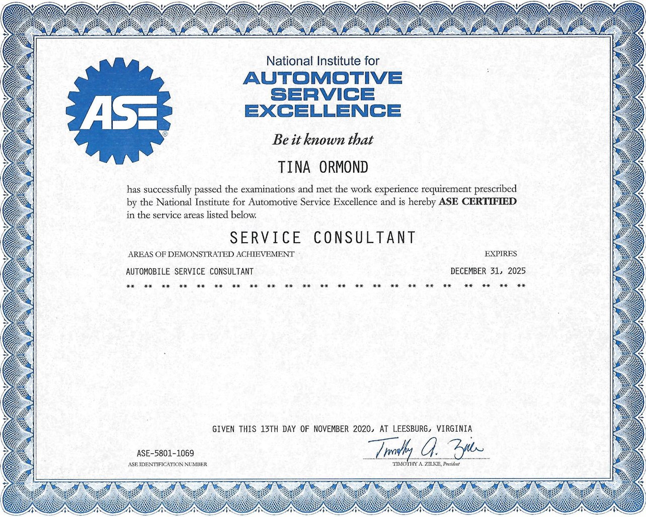 Tina Gets ASE Certified